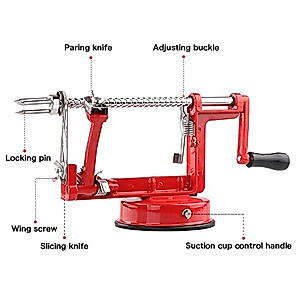 Apple Peeler Corer, Long lasting Chrome Cast Magnesium Alloy Apple Peeler Slicer Corer with Stainless Steel Blades and Powerful Suction Base for Apples and Potato(Red)