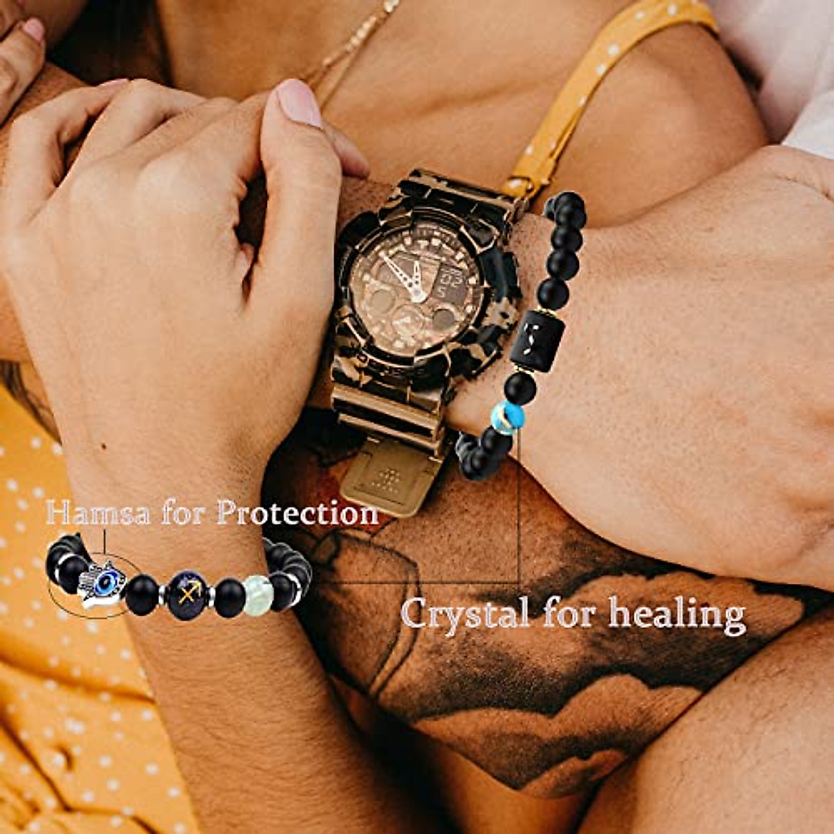 Yomlry 2Pcs Zodiac Bracelet 8MM Beaded Evil Eye Bracelet Spiritual Healing Crystal Bracelet for Women Men 12 Constellation Bracelet Zodiac Sign Horoscope Gift Hamsa Protection Couple Bracelet Set,