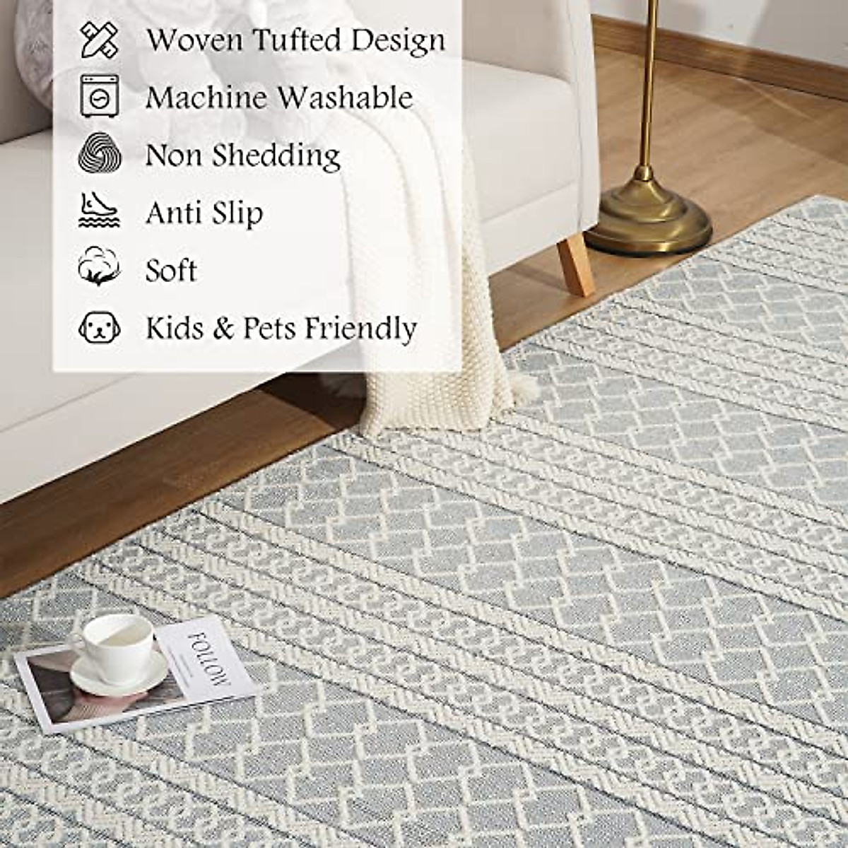 8x10 Area Rugs for Living Room Woven High-Low Textured Washable Rug Neutral Moroccan Boho Rug Indoor Carpet Ideal for Bedroom Dorm Playroom Dining Office