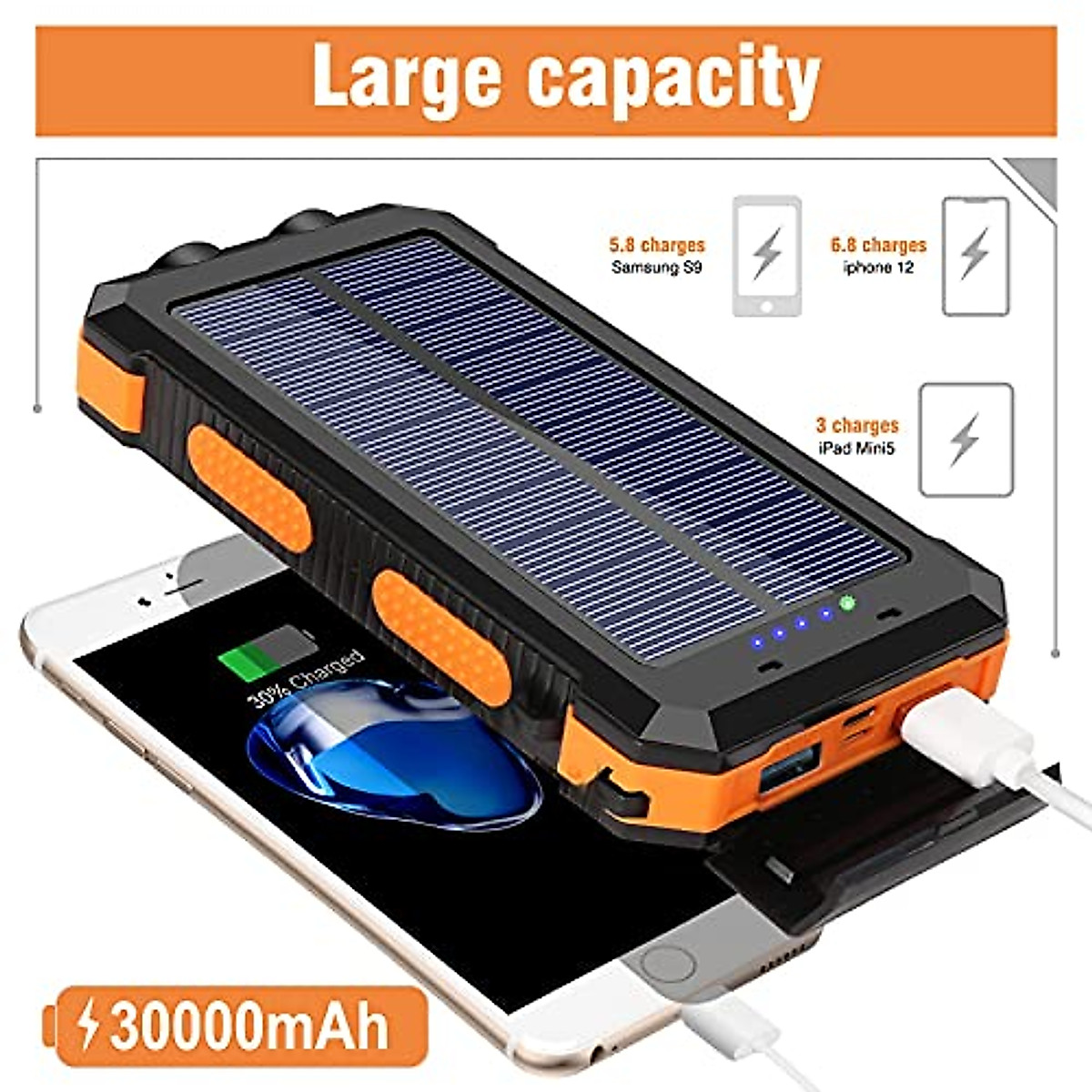 Solar Charger 30000mAh, Portable Solar Power Bank External USB Battery Pack with LED Flashlight, Waterproof Solar Phone Charger for Outdoor Camping Travel, Compatible with Cell Phones and Tablet