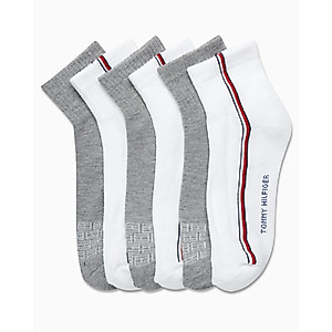 Tommy Hilfiger Men's Quarter Socks - 6 Pack Cushioned Men's Athletic Ankle Socks - Breathable Sports Socks for Men (7-12), Size 7-12, White Multi