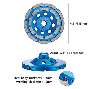 HONGUIS 4 1/2 inch Concrete Grinding Wheel,5/8"-11 Arbor Diamond Cup Grinding Wheel Double Row for Granite Marble Concrete Masonry Stone
