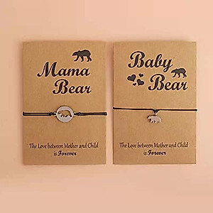 KunBead Women Mama Bear Leather Bracelet set for 2 Mother and Daughter Son Matching Wish Bracelets