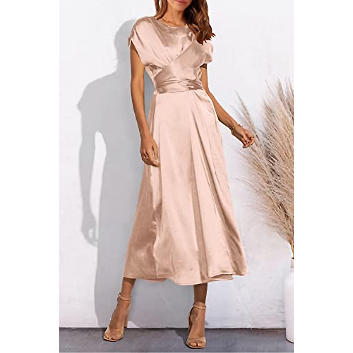PRETTYGARDEN Women's 2023 Summer Satin Midi Dress Cap Sleeve Tie Waist Elegant A-Line Flowy Dresses (Champagne,Small)