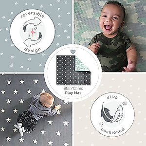 Large Waterproof Thick Padded Foam Baby Play Mat for Infants, Babies, Toddlers - for Play, Crawling & Tummy Time - 70 x 59 in. - Reversible, Double-Sided, Non-Toxic, Non-Slip Playmat - Star/Camo