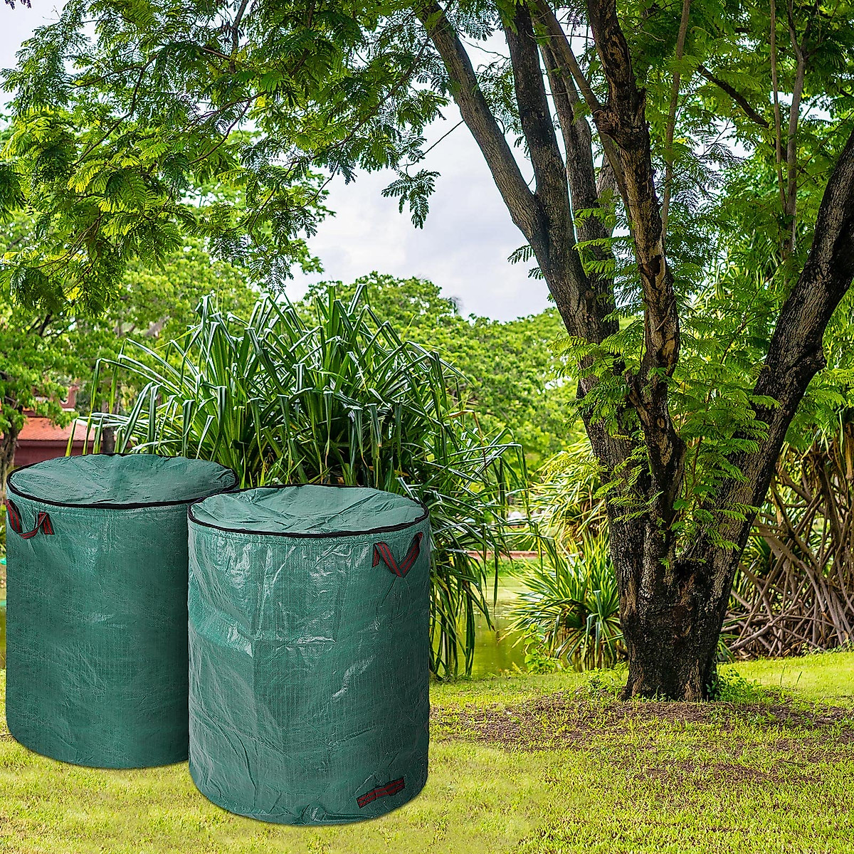 Kingdder 4 Pack 132 Gallon Reusable Yard Waste Bags with Lid, Extra Large Lawn Leaf Bags with 2 Handles & Zipper, Heavy Duty Collapsible Garden Yard Leaf Containers for Outdoor Debris Leaves