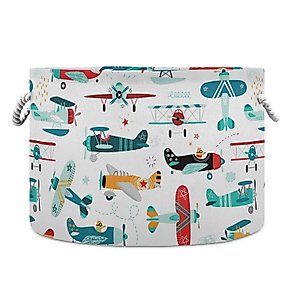 Airplanes Aircrafts Boys In Turquoise Red Orange Seamless Round Storage Basket Bin, Waterproof Laundry Hamper, Large Collapsible Bucket, Baby Nursery Organizer with Handles for Bathroom Toys Clothes
