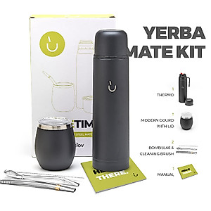 BALIBETOV Complete Yerba Mate Set - Modern Mate Gourd, Thermos, Bombilla and Cleaning Brush Included - All Premium Quality 304 18/8 Stainless Steel (Full Black)