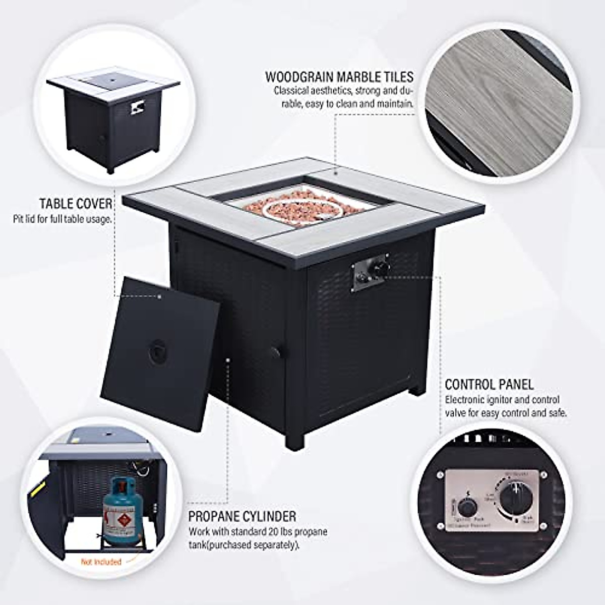 Rattaner 6 PCS Patio Furniture Set Fire Table Outdoor Furniture Sets Gas Fire Pit with Outdoor Storage Box Glass Coffee Table and Waterproof Covers Anti-Slip Turquoise Cushions