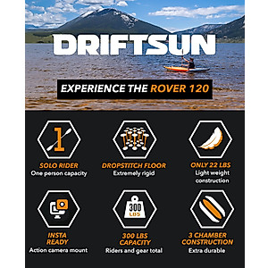 Driftsun Rover 120 Inflatable Kayak - 1 Person Adult White Water Single Rider Foldable Kayak Canoe Set with Padded Seat, Aluminium Paddle, Action Cam Mount, Pump, High Pressure Floor & Travel Bag