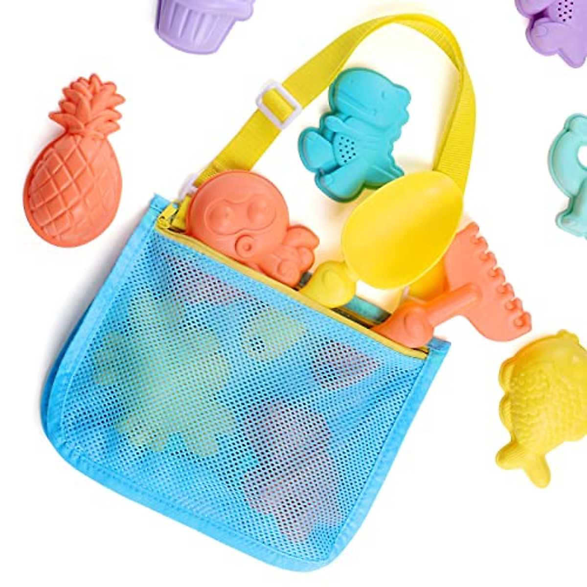 F-color Beach Toy Kids Beach Bag Shell Collecting Bag, Mesh Beach Bag Seashell Bag Net Bag for Sea Sand Pool Swim Beach Shell Accessories Beach Gifts for Kids Girls Boys, 3 Packs (Green, Blue, Pink)