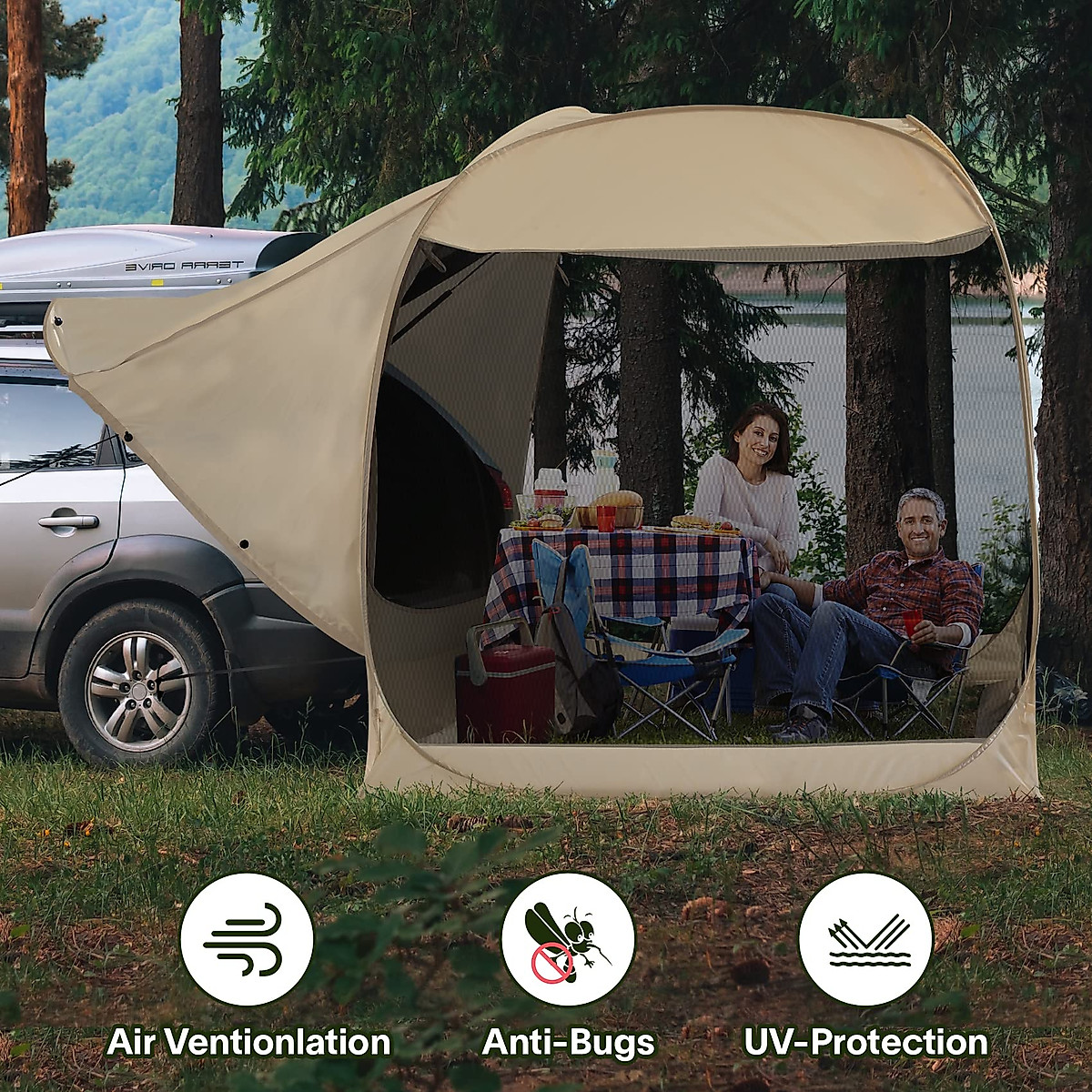 EighteenTek SUV Car Camping Tent - Pop Up Versatile Shelter Tent, Includes Sunshade sail, Storage Bag and Camping Accessories - 7’x7’x7.2’H - Not Waterproof