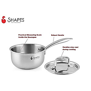 Shapes Stainless Steel Tri-Ply Saucepan - 1 Quart, Silver - Multipurpose Sauce Pan, Cooking Pot - Use for Home, Kitchen and Restaurant - Induction Ready - Easy to Clean and Dishwasher Safe