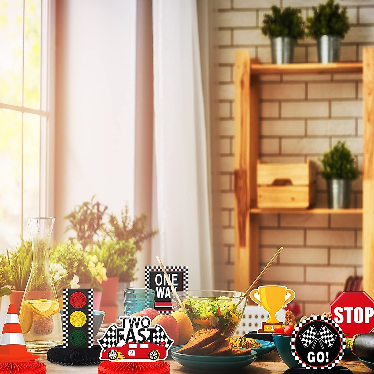 LINGTEER Race Car Two Fast Birthday Table Honeycomb Centerpieces - 9Pcs Let's Go Racing Happy 2nd Birthday Party Table Decorations Sign.