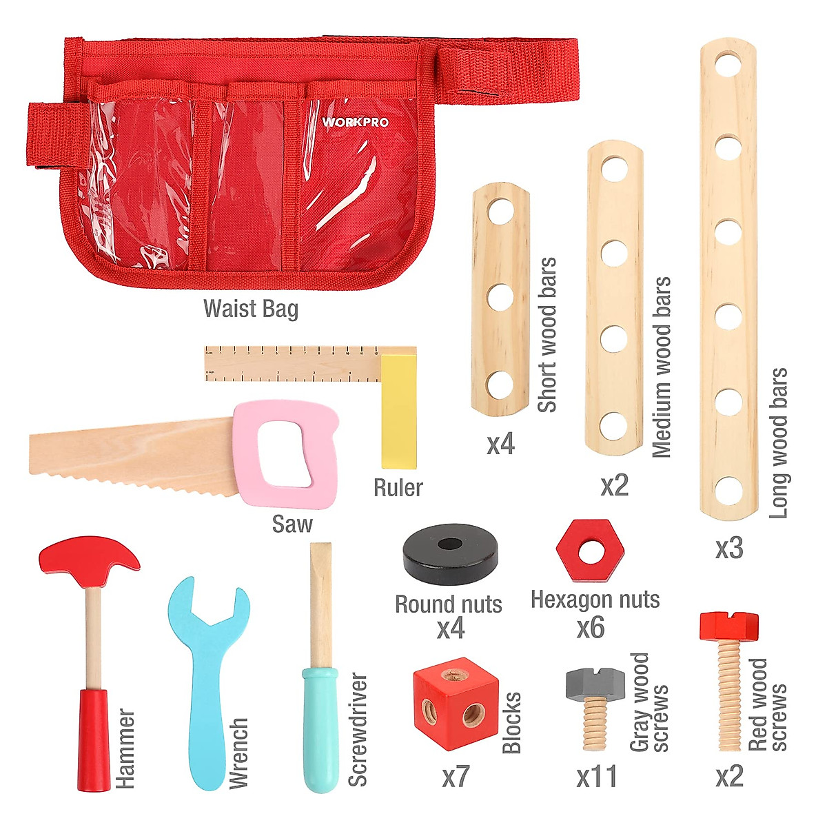 WORKPRO Wooden Building Toy Tools Set, 43 Pcs Building Toy Set Creative&Educational Construction Toy, Great Gift for Toddlers 3+