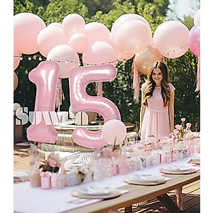 SUWEN 40 Inch Pink Large 15 Number Balloons Big Foil Helium Number Balloons 0-9 Jumbo Happy 15th Mylar Birthday Party Decorations for Girl or Women 51 Anniversary Party Supplies