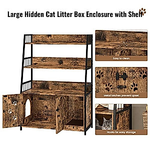 Recaceik Large Cat Litter Box Enclosure with Shelf Storage, Hidden Cat Washroom Furniture, Wooden Cat House with Scratch Pad, Sturdy Indoor Cat Cabinet with 2 Doors