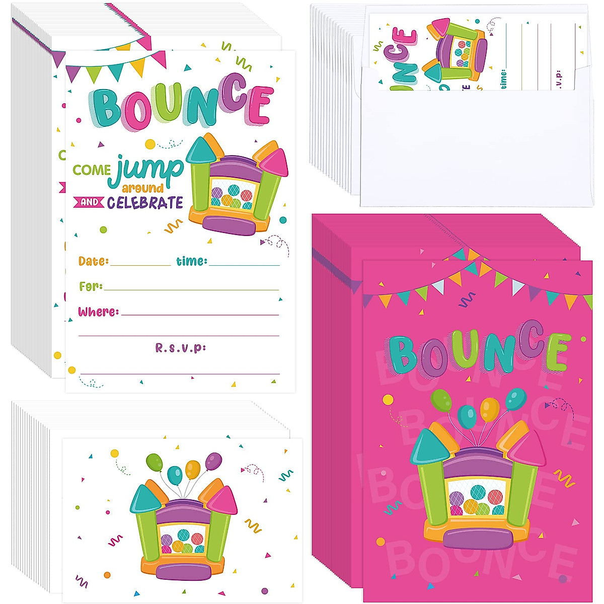 Nezyo 30 Count Bounce House Birthday Invitations Jumping Party Invitations Bounce Graduation Birthday Party Invite Card with 30 Castle Envelopes for Boy Girl Trampoline Jump Birthday Party(Pink)