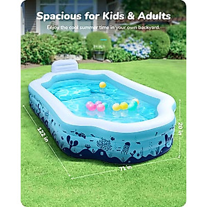 Inflatable Swimming Pool, Valwix 122" X 71" X 20" Full-Sized Family Blow Up Pools for Adults, Children, Above Ground Outdoor Garden Backyard Pool with Seat and Backrest, Summer Water Party for All