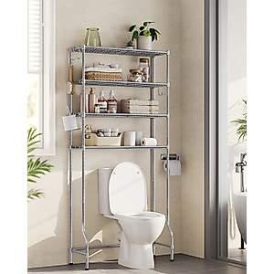 SONGMICS 4 Tier Over The Toilet Storage, Metal Storage Rack, Adjustable Shelves, 4 Hooks, Roll Holder, Space-Saving Bathroom Storage Shelf Organizer, 11.8 x 32.7 x 69.3 Inches, Silver Gray UBTS023G01