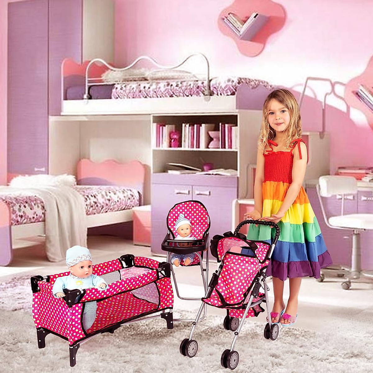 fash n kolor 4 Piece Doll Play Set, includes - 1 Pack N Play. 2 Doll Stroller 3.Doll High Chair. 4.Infant Seat, Fits Up to 18'' Doll (4 Piece Set)