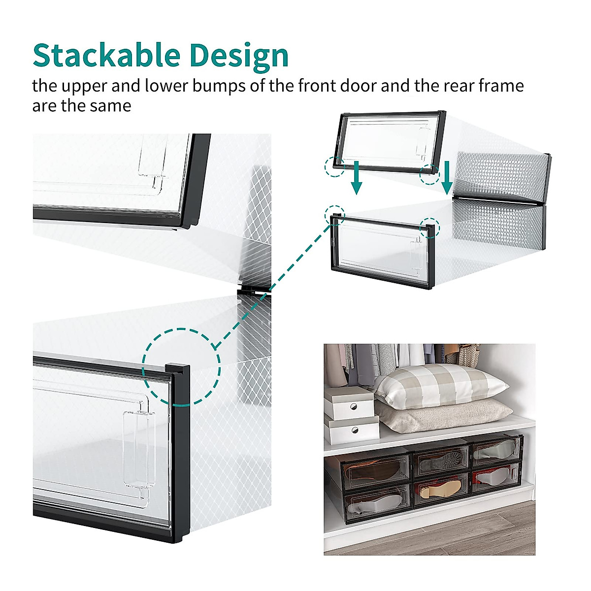 PARANTA 12-Piece Boot Shoe Storage Box, Stackable Clear Plastic Shoe Organizer with Clear Door for Storing Shoes, Black 20.5" x 12.5" x 5.5"