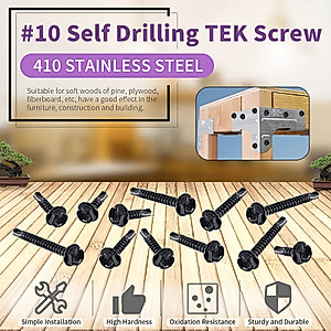 Swpeet 235Pcs Black 410 Stainless Steel #10 Self Drilling Screw Assortment Kit, Hex Washer Head Self Drilling Sheet Metal Screws Head Self Tapping Screws Anti-Rust Metal Screws Set