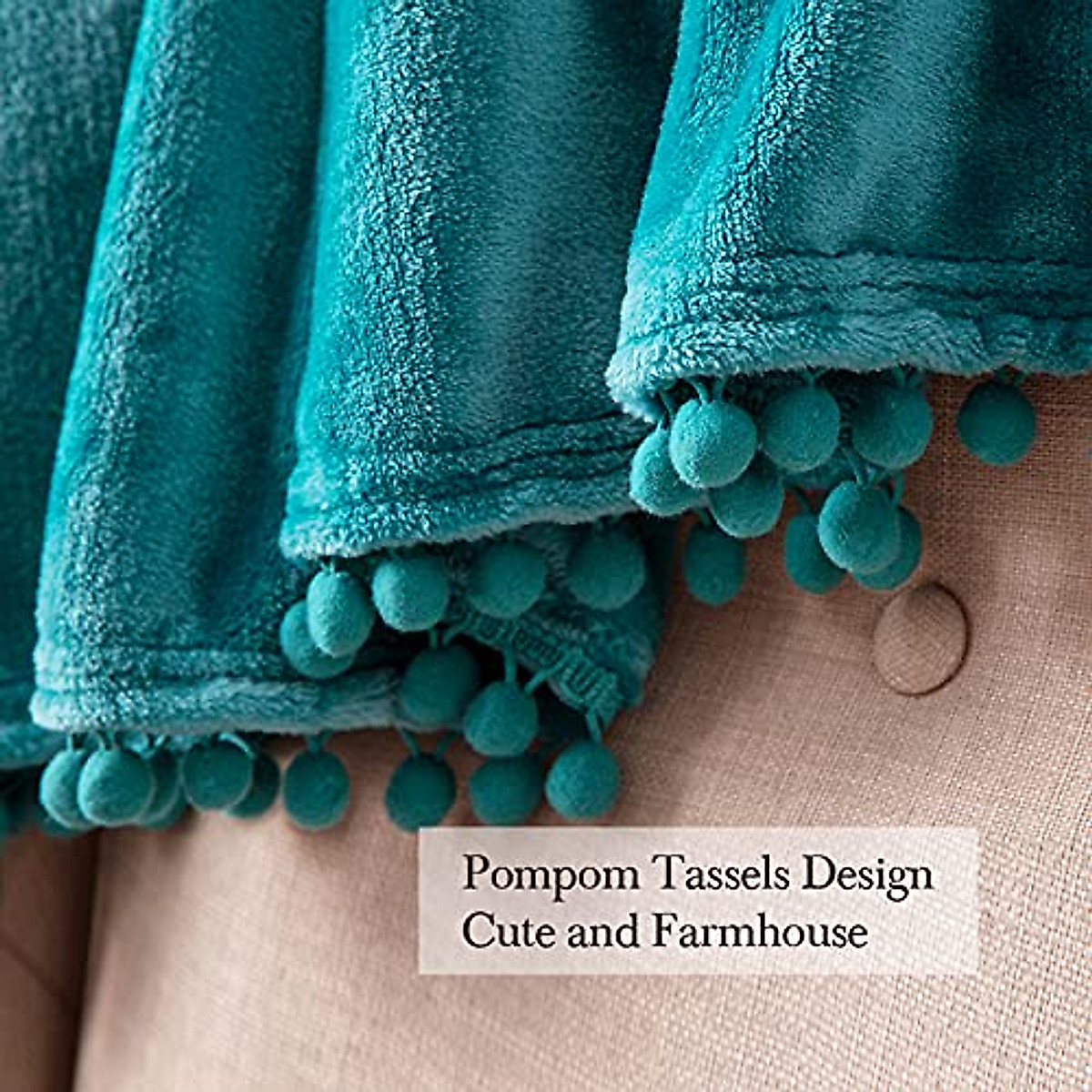 MIULEE Fleece Blanket with Pompom Fringe, Soft Cozy Lightweight Flannel Bed Blanket Fuzzy Plush Warm Teal Blanket Decorative Tassel for Couch Sofa, Throw Size 50"x60", Turquoise Blue