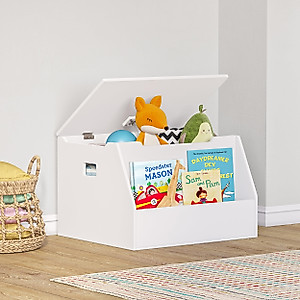 RiverRidge Kids Toy Box Storage With Front Bookrack Kids Room Toy Chest Organizer with Pinch-Free Lid