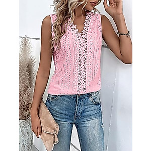 SweatyRocks Women's Floral Lace V Neck Tank Top Casual Hollow Out Sleeveless T Shirt Pink S
