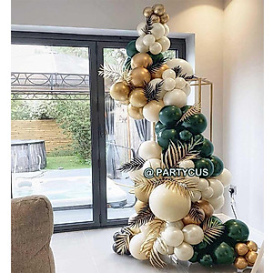 Emerald Green Balloon Garland Double Stuffed Dark Green White Pearl Balloon Forest Green Ivory Gold Balloon Arch Kit for Birthday Wedding Anniversary Graduation Christmas Party Decoration