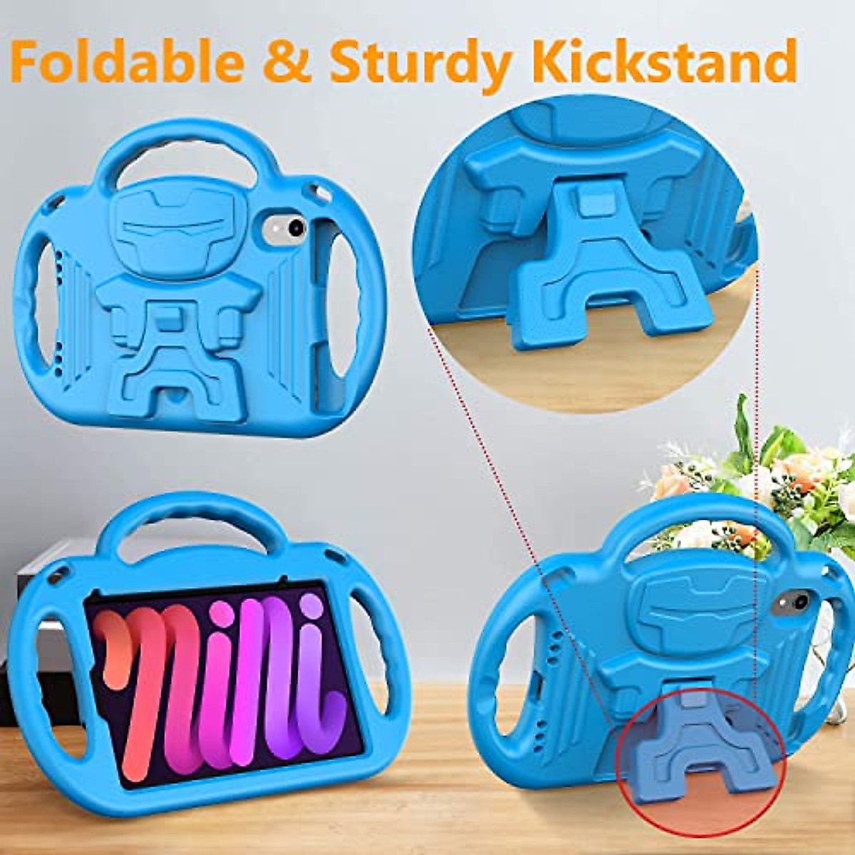 BMOUO Kids Case for iPad Mini 6 (8.3 inch, 2021), iPad Mini 6th Generation Case for Kids, with Shoulder Strap, Shockproof Handle Stand Kids Case for iPad Mini 6th Generation 8.3 inch 2021, Blue