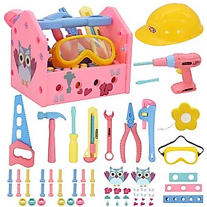 Magic4u Toy Tool Set Girl Pretend Play Construction Tool Accessories Tool Toys with Hat Tool Box Tape Measure Toy Electric Drill Hammer