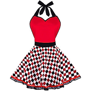 Violet Mist Cute Sweetheart Vintage Apron for Women Girls Checkered Retro Stylish Apron Sexy Red Dress 50s Apron Pretty Lace Ruffle Adjustable Neck Strap Flirty Apron Halloween Christmas Mothers Gifts