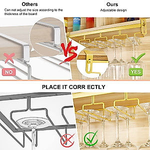 AUHOKY Adjustable Wine Glass Holder Under Shelf, Nail Free Metal Stemware Holder Storage Hanger, Hanging Wine Glasses Rack Organizer Under Cabinet Mount for Bar Kitchen (4 Rows, Gold)