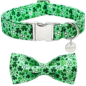 UP URARA PUP St. Patrick's Day Dog Collar with Bow Tie, Cotton St. Patrick's Day Bowtie Collar for Large Girl Boy Dog, Lucky Shamrock Dog Collar with Metal Buckle, Green, Spring, L, Neck 16-24in
