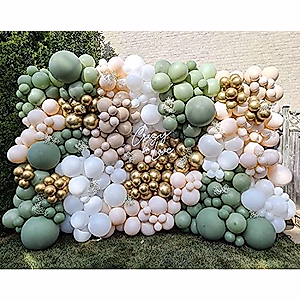 Sage Green Balloon Garland Kit - 125Pcs Eucalyptus Garland, Retro Olive Green, Peach White and Gold Latex Balloons Arch Kit for Wedding Birthday, Baby & Bridal Shower Decorations