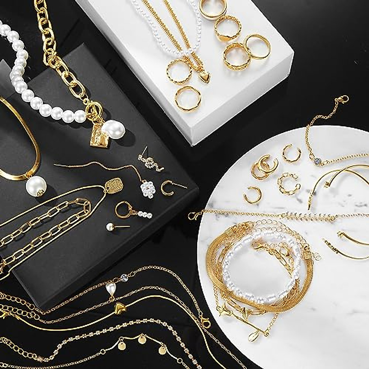 17IF 36 Pcs Gold Jewelry Set with 8 Pcs Rings, 6 Pcs Necklace, 12 Pcs Bracelet and 10 Pcs Earring Ear Cuff for Women Fashion Indie Costume Jewerly Pack for Anniversary Birthday Friendship MerryChristmas Party Gift