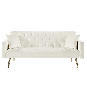 72"Modern Velvet Sofa Bed Futon,Convertible Folding Sleeper Bed Couches with 3 Adjustable Backrests,Tufted Recliner Love Seat with Golden Chrome Legs for Living Room Apartment Home Office (Beige)