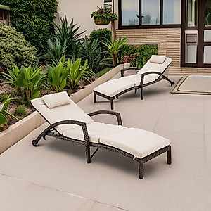 HOMREST Chaise Lounge Chairs Set of 2 for Outside, Adjustable 5 Position Outdoor PE Rattan Wicker Patio Pool Lounge Chair with Arm, Cushion, Pillow and Wheels for Poolside Backyard Deck Porch,Khaki