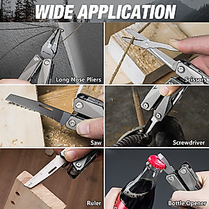 FLISSA Multitool, 16-in-1 Stainless Steel Multi Tool, EDC Multitool with Pocket Knife, Screwdriver, Pliers, Safety Locking and Sheath, Utility Multi-Tool for Camping Survival Outdoor Activities