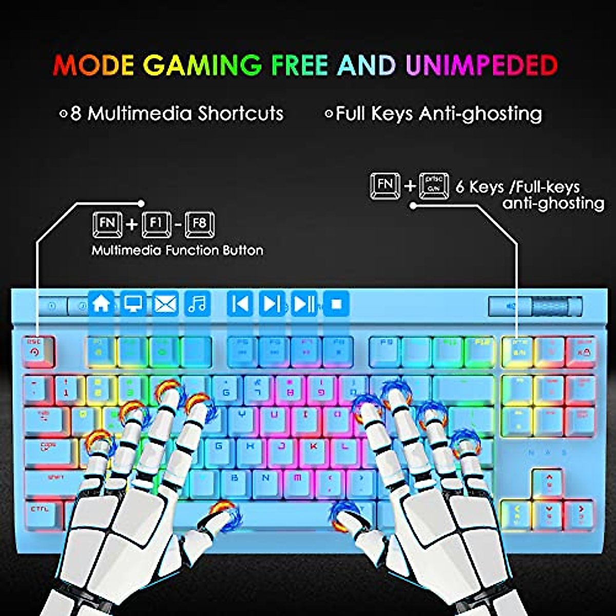 RGB Rainbow Mechanical Gaming Keyboard and Mouse Combo Blue Switch 87 Keys Backlit Keybaord with Lightweight Honeycomb Shell Wired RGB Gaming Mouse 6400 DPI Mouse pad for PC Gamers Xbox One PS4 PS5