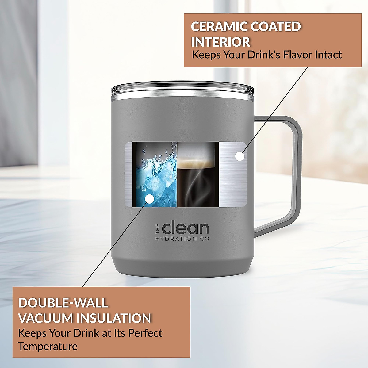 The Clean Hydration Company Insulated Coffee tumbler | Travel coffee mug | Ceramic Lined Tumbler | Iced Coffee Tumbler Cup with Lid | Double Wall Vacuum (Gray, Mug 12oz)