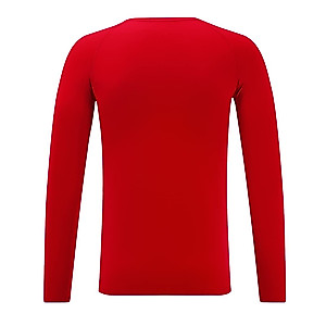 LEAO Youth Boys Compression Shirt Long Sleeve Fleece Quick Dry Sports Baselayer Soccer Baseball Basketball Undershirt Red L