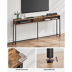 VASAGLE 70 Inch Console Table with Outlet and Shelves, Sofa Table with Hidden Charging Station, Behind Couch Table Skinny, Long Entryway Table for Hallway, Living Room, Rustic Brown and Black