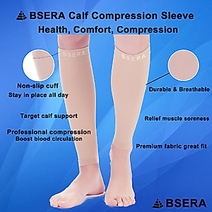 BSERA Calf Compression Sleeve Women, 2 Pairs 15-20mmHg Calf Support Footless Compression Socks Stockings for Shin Splints, Varicose Veins, Recovery (Nude/Skin, Large)