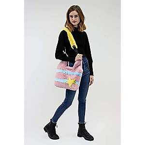 surell - Striped Faux Rex Rabbit Fur Shoulder Bag - Pastel Fuzzy Tote - Cute Fluffy Soft Bag with Heart - Luxurious Fashion Purse Gift - Kawaii Love Tote Bag - Stylish Handbag - (Pink/Blue/Yellow)
