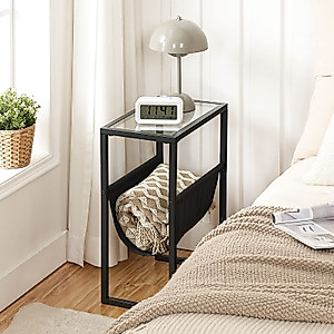 HOOBRO Narrow Side Table, Skinny End Table with Magazine Holder, Thin Bedside Table for Small Spaces Living Room, Small Nightstands Bedroom, Tempered Glass Side Table,Black BK66BZ01
