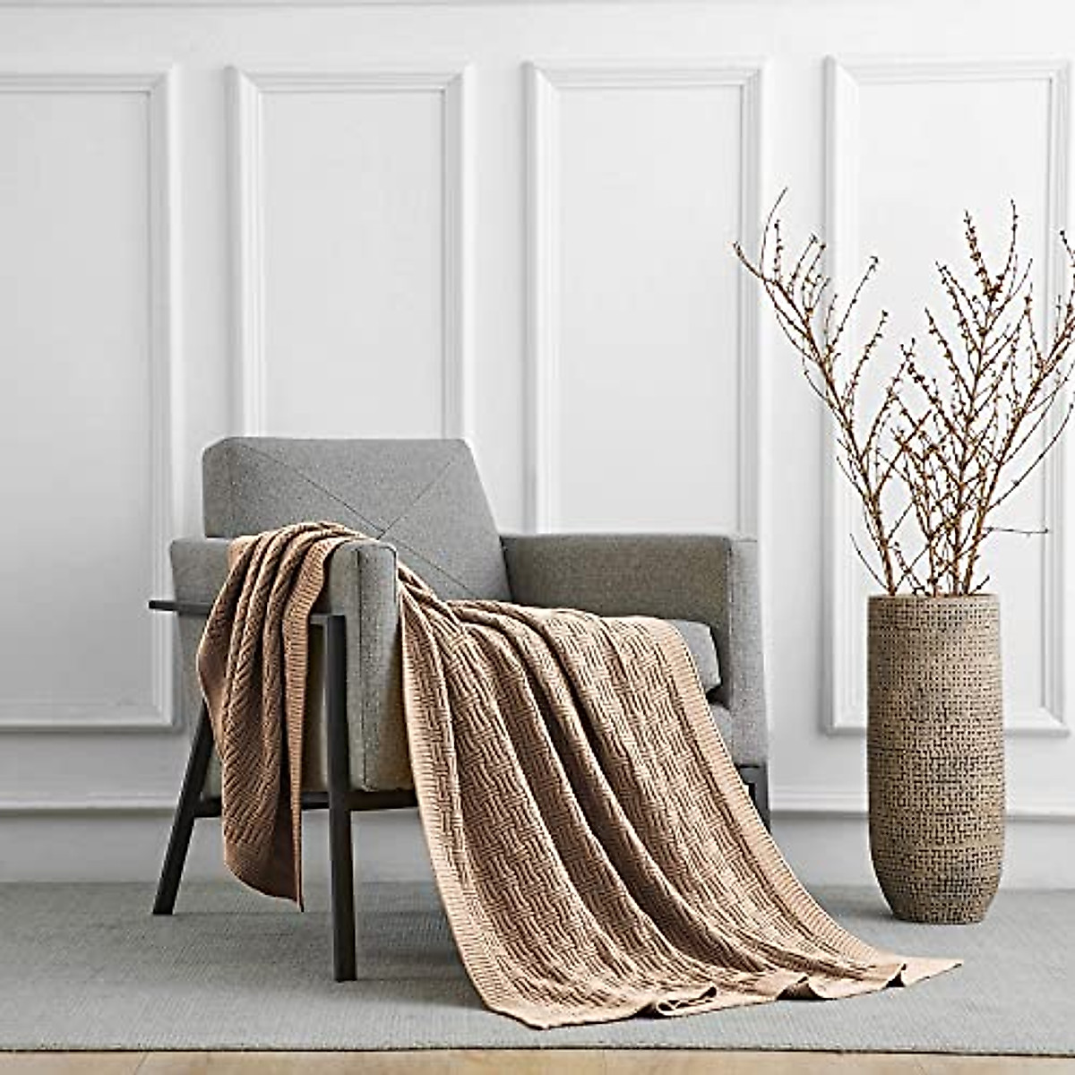 Cotton Khaki Cable Knit Throw Blanket for Couch Sofa Bed with Bonus Laundering Bag – Large 60 x 80 Thick, 3.4 LB, Machine Washable, Comfortable Home Décor