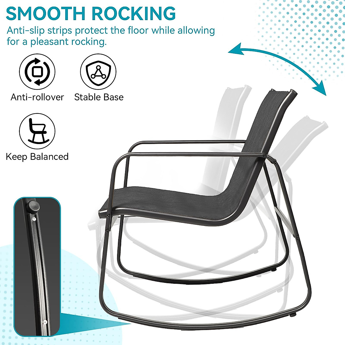 Incbruce Patio 3 Pieces Rocking Bistro Set, Textilene Outdoor Furniture Set with 2PCS Rocking Chair & Glass Coffee Table, Classic Black